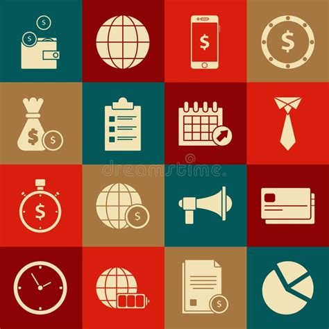 Set Pie Chart Infographic Credit Card Tie Smartphone With Dollar Symbol Clipboard Checklist