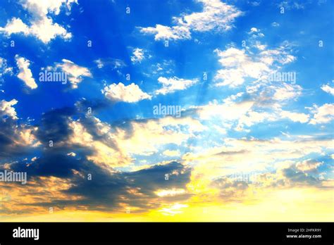 Dramatic Sky With Feather Clouds Suns Rays Shine Through Clouds