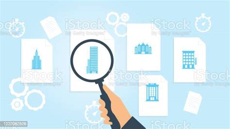 건물 호텔 파일 문서 연구 벡터 그림 검색 아이콘으로 문서작성합니다 파일 및 돋보기 분석 연구 기호입니다 벡터 일러스트레이션 0명에 대한 스톡 벡터 아트 및 기타 이미지