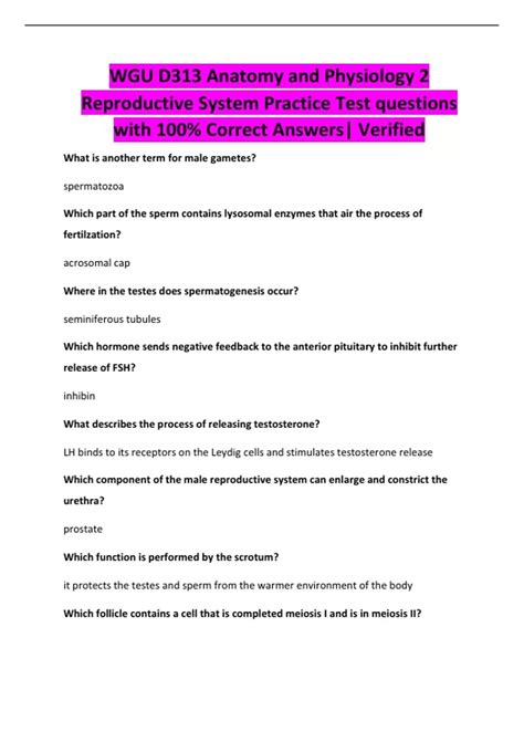 Wgu D313 Anatomy And Physiology 2 Reproductive System Practice Test