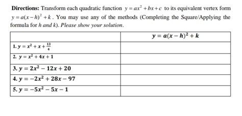 solved directions transform each quadratic function y ax 2 bx c to