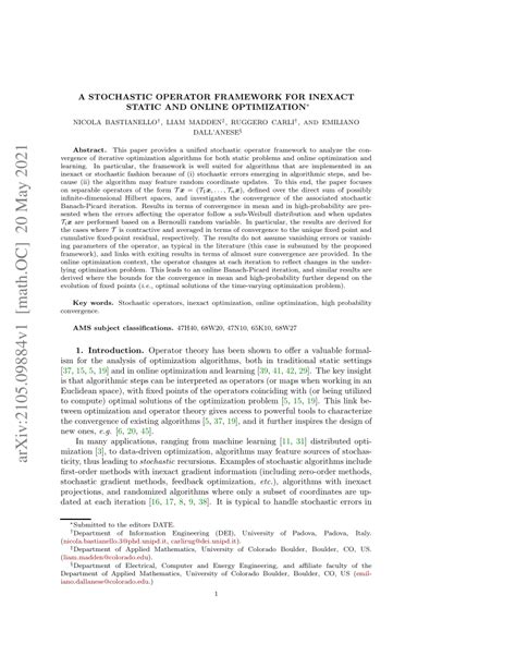 Pdf A Stochastic Operator Framework For Inexact Static And Online Optimization