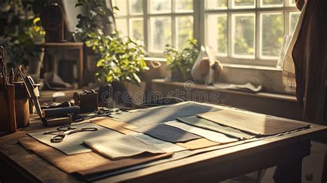 Tailor S Table With Fabric Swatches And Scissors Sunlit Workspace