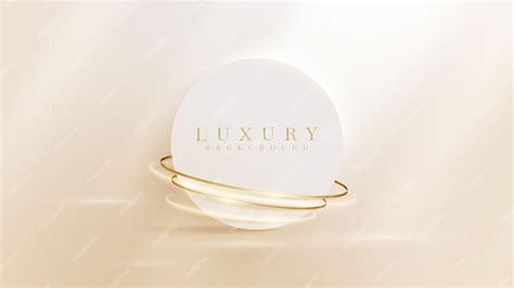 골드 리본 장식과 반짝이 조명 효과 요소가 있는 원형 프레임 크림 럭셔리 배경 프리미엄 벡터