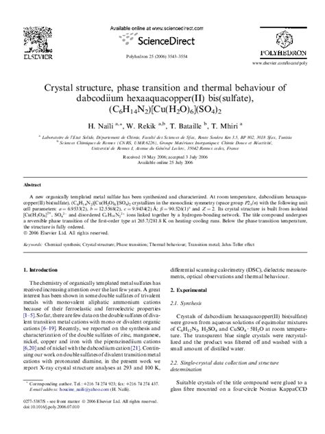 Pdf Crystal Structure Phase Transition And Thermal Behaviour Of Dabcodiium Hexaaquacopper Ii
