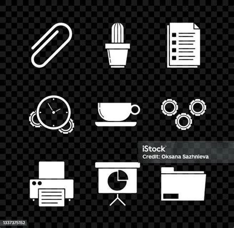 종이 클립 파일 문서 프린터 프리젠 테이션 재무 보드 그래프 일정 차트 다이어그램 인포그래픽 파이 그래프 문서 폴더 시간 관리 및 커피 컵 플랫 아이콘을 설정합니다 벡터