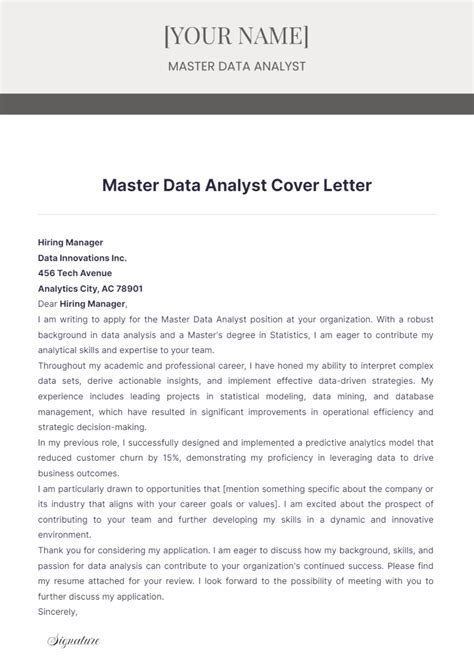 Free Master Data Analyst Cover Letter Template To Edit Online