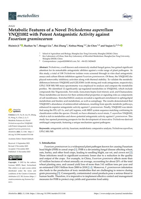 Pdf Metabolic Features Of A Novel Trichoderma Asperellum Ynqj1002 With Potent Antagonistic