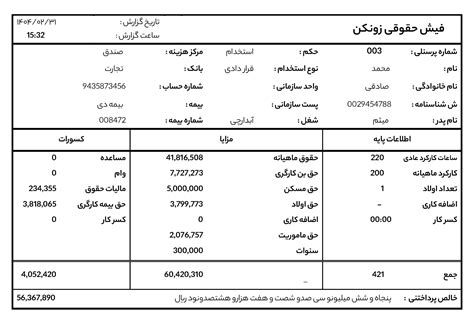 نمونه فیش حقوقی ساده Word زونکن