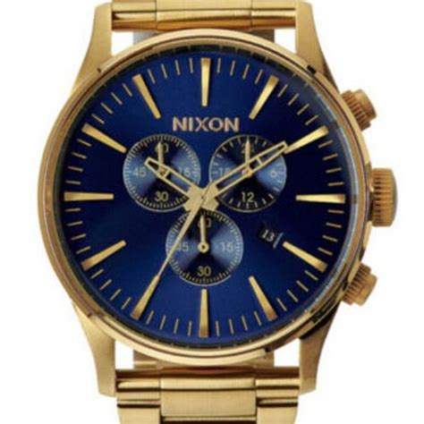Nixon Watch Blue Sunray Gold Tone A3861922 Sentry Dial Chrono Men A386
