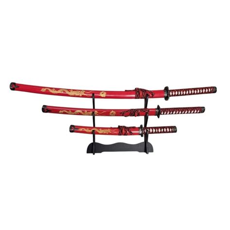 Tris Di Katane Rosso Con Drago Inciso