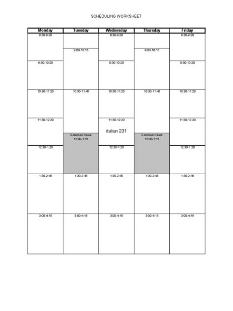 Scheduling Worksheet Pdf