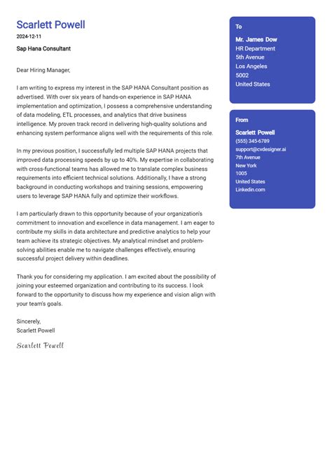14 sap hana consultant cover letter examples and samples for 2024