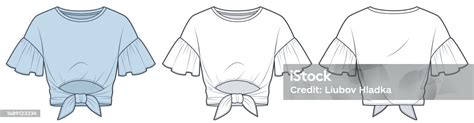 매듭 티셔츠 패션 플랫 Tehnical 드로잉 템플릿입니다 크롭 셔츠 테크니컬 패션 일러스트 프릴 슬리브 라운드넥 컷아웃 앞 뒷모습 화이트 블루 여성용 Cad 모형 세트 T