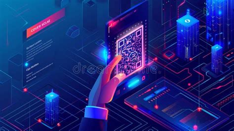 isometric qr code generator hand push on screen using service to