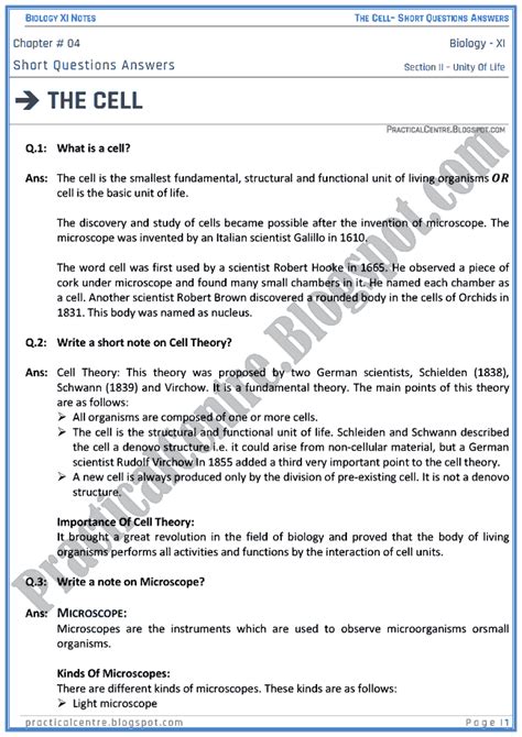 Practical Centre The Cell Short Questions Answers Biology XI