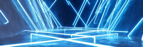 네온 빛이있는 추상적 인 파란색 인테리어 또는 복도 형광 미래 지향적 인 건축 배경 내부 공간을 조명 네온 램프의 3d 그림 디자인 프로젝트를 위한 모형 실내에 대한 스톡