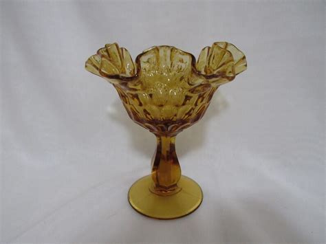 Fenton Thumbprint Colonial Amber Double Crimped Ruffled 6 Compote
