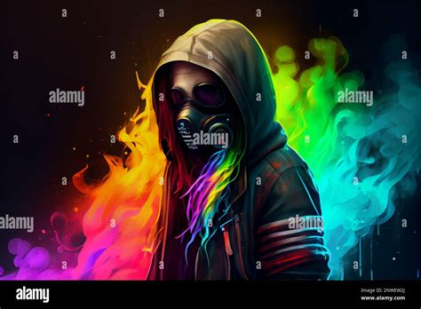 Conception Of A Hacker Girl With Color Smoke And Mask Illustration Stock Photo Alamy