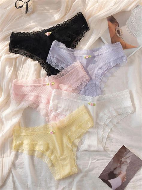 Set Of 5 Contrast Lace Bow Front Panty Socohoodie