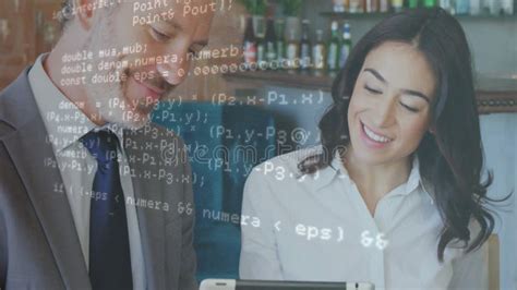 Computer Code Animation Over Smiling Business People Looking At Tablet