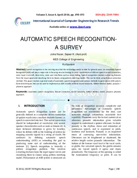 Pdf Automatic Speech Recognition A Survey