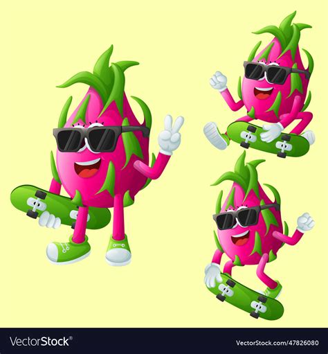 Cute Dragon Fruit Characters Skateboarding Vector Image