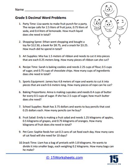 Dividing Decimals Word Problems Worksheets 5th Grade Objective 65c