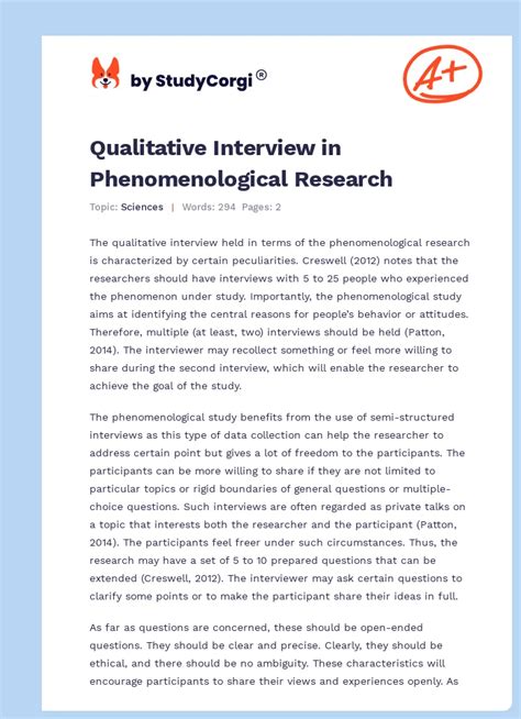 Qualitative Interview In Phenomenological Research Free Essay Example