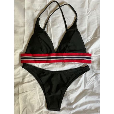 Black Bikini With Red Racing Stripe And Buckle Never Depop