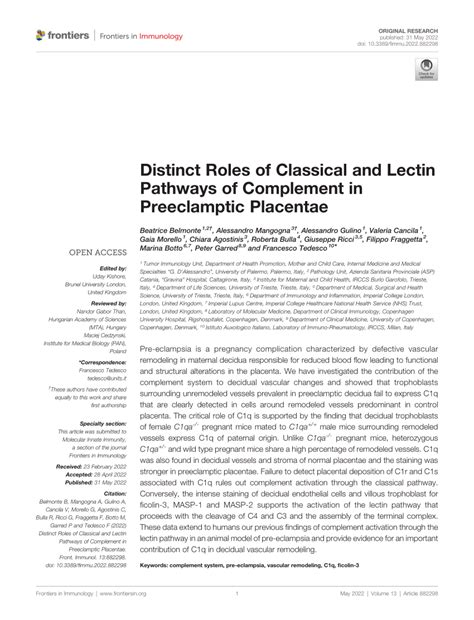 Pdf Distinct Roles Of Classical And Lectin Pathways Of Complement In Preeclamptic Placentae