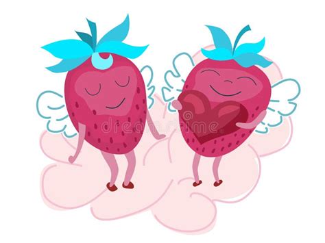 Cute Hand Drawn Characters Of Strawberries Strawberry With Wings And
