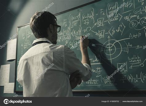 Young Smart Mathematician Drawing Math Formulas Chalkboard Thinking
