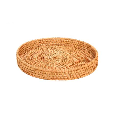 Qiangzon Rattan Tray Round Handwoven Natural Rattan Round Serving Tray