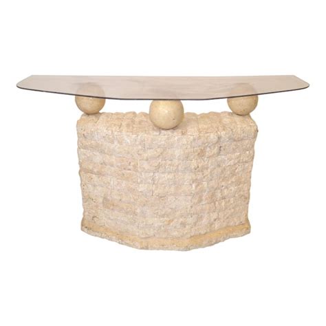 1980s Maitland Smith Style Hand Carved Mactan Stone Console Tessellated Orbs Plexiglass Top