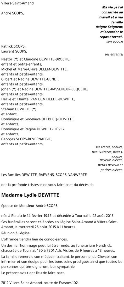 Avis De Décès De Lydie Dewitte Décédé Le 22082015 à Tournai Annonce