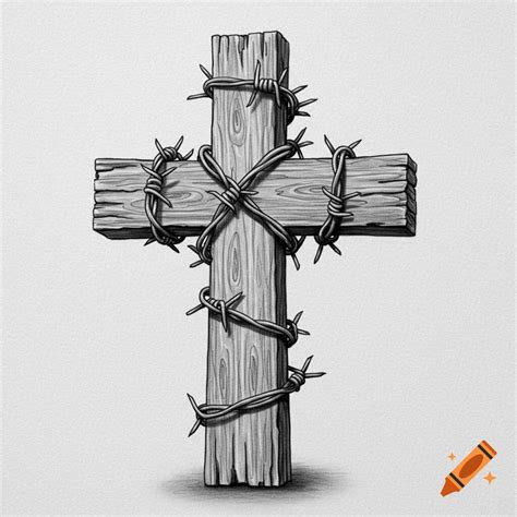 Pencil Drawing Of A Wooden Christian Cross Wrapped In Barbed Wire On