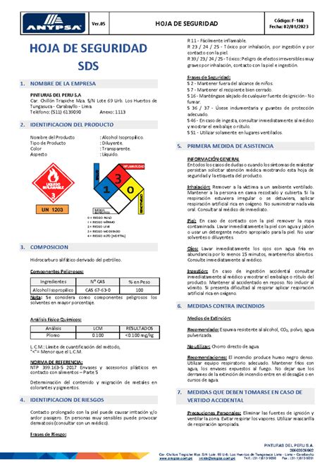 Ipa Hojas Msds Alcohol Isopropilico Ver 5 Hoja De Seguridad Código F 168 Fecha 02 01