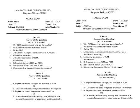 Plm Model This Gives Detailed Information About The Plm M A College Of Engineering