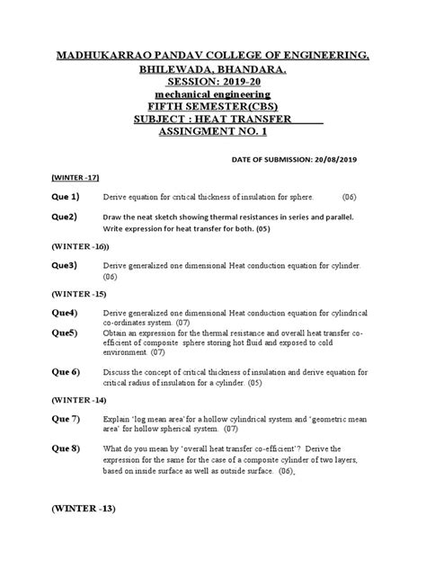 5th Sem Ht Assignment 1 Pdf Thermal Insulation Thermal Conduction