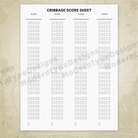 Cribbage Game Score Sheets Printable Chart Digital Download Gam007