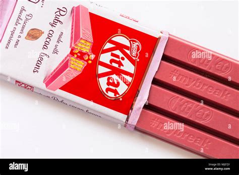 Bar Of Kitkat Kit Kat Kit Kat Made With Ruby Cocoa Beans Open To Show Contents Set On White
