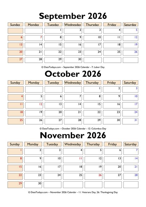 September October November 2026 Calendar Printable