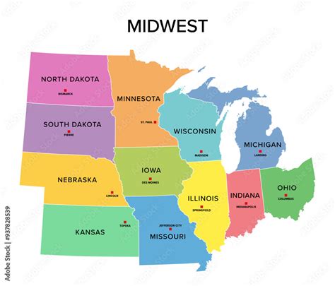 Midwest Us Census Region Multi Colored Political Map Census Region
