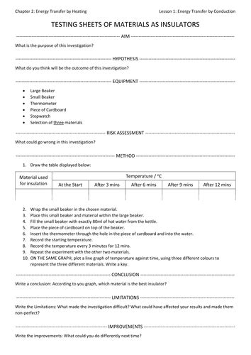 Thermal Insulation Required Practical Worksheet For Aqa Gcse Physics Teaching Resources