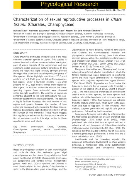 Pdf Characterization Of Sexual Reproductive Processes In Chara