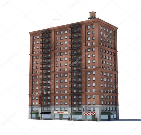3d Representación De Un Edificio De Apartamentos De Ladrillo Rojo Con Salidas De Incendios Y