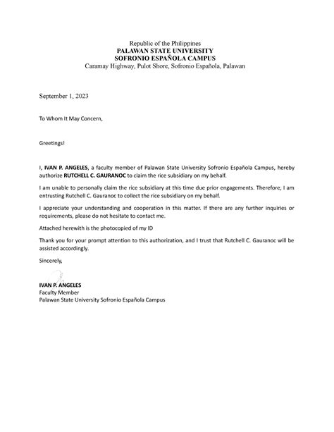 Authorization Letter For Rice Republic Of The Philippines Palawan