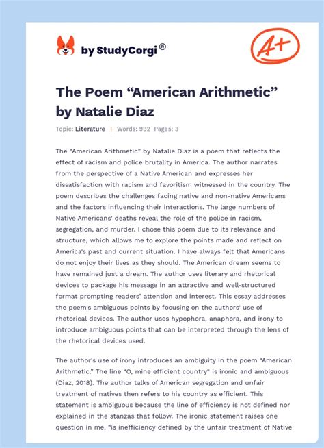 The Poem American Arithmetic By Natalie Diaz Free Essay Example