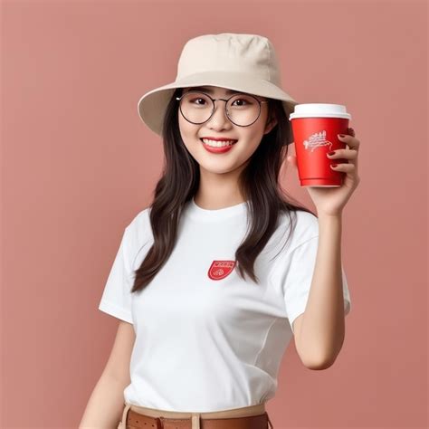 Premium Ai Image A Chinese Girl Holding A Red Cup Half Body No Background Confidently Wearing